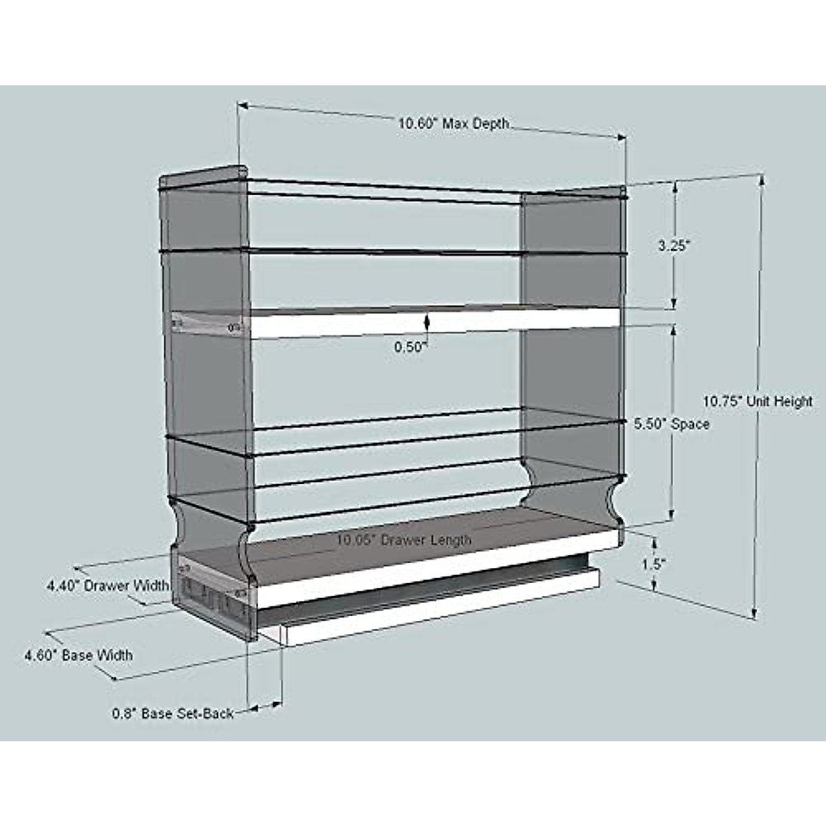 Vertical Spice - 4x2x11 DC - Storage Organizer Drawer with 2 Tiers - Heavy Duty - Size: 4.6" Width x 10.75" Height x 10.6" Depth - MADE IN USA