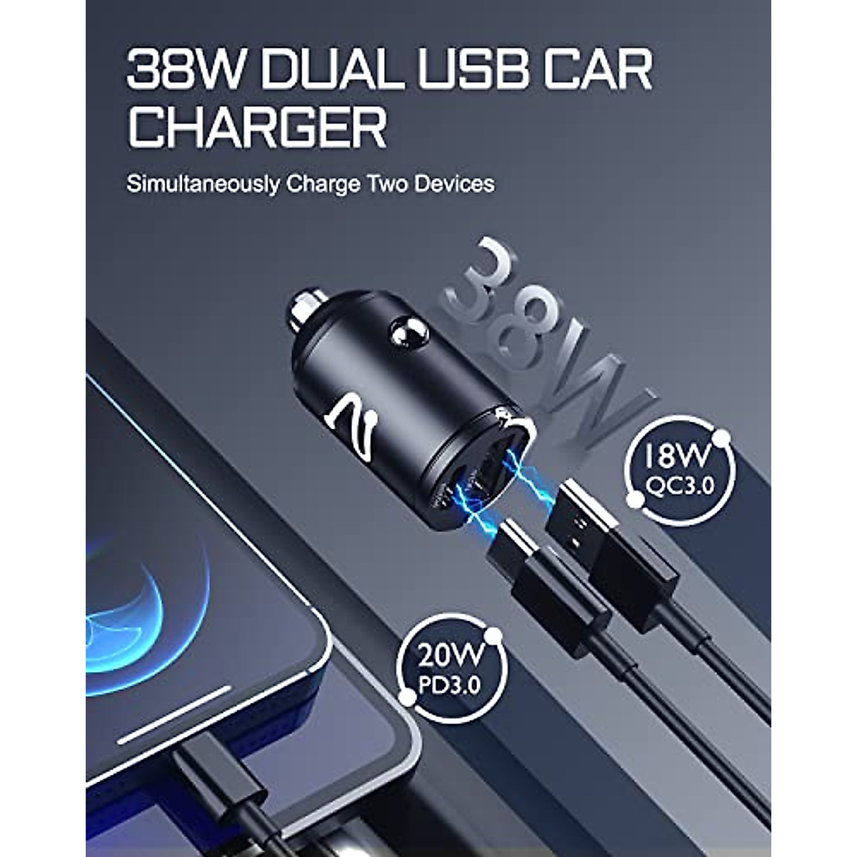 USB C Car Charger, Aergiatech 38W(20W+18W) PD&QC 3.0 Car Charger Adapter, Smallest Cigarette Lighter USB Car Charger, Compatible with iPhone 13/13 Pro Max/12/11, iPad Mini/Pro, Samsung and More