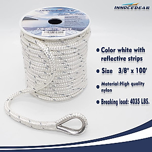 INNOCEDEAR Double Braided Nylon Anchor Rope(White Reflective, 3/8" x 100',1/2" 150') Anchor Line/Boat Anchor Rope with Stainless Steel Thimble, Quality Marine Rope, Boat Accessories