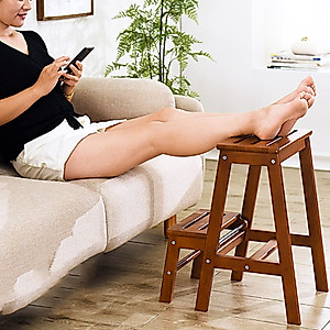 YokIma Step Stool 2-Step Ladder Chair,Wooden Large Steps Stool Ladder Flip Folding Safety Non-Slip Shoe Bench/Flower Rack for Kitchen Bathroom Office