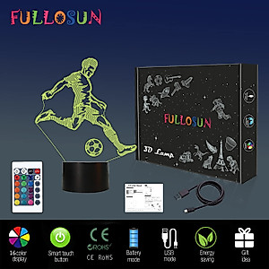 FULLOSUN Soccer Night Light, 3D Optical Illusion Lamp for Soccer Fan, Idea Birthday Xmas Gifts for Sport Fan Boys Girls with Remote Control 16 Color Change + Dim Function + 4 Flash Mode
