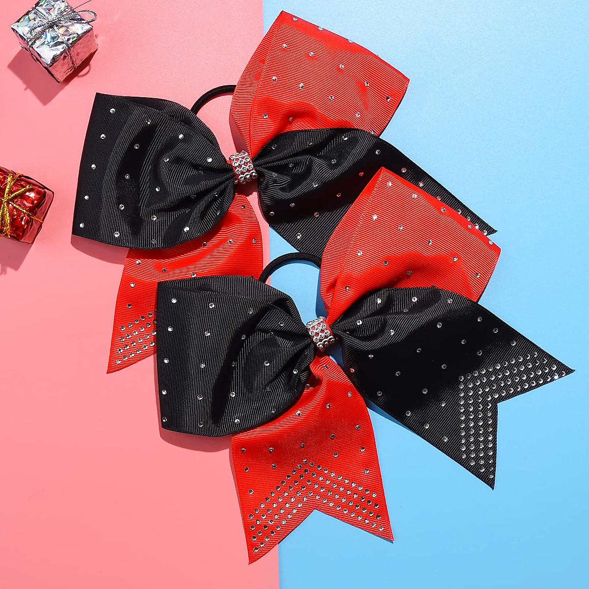 DEEKA 10 PCS Rhinestones Two Toned Large Cheer Hair Bows 7" Glitter Cheer Ponytail Holder Handmade for Teen Girls Softball Cheerleader Sports -Red/Black