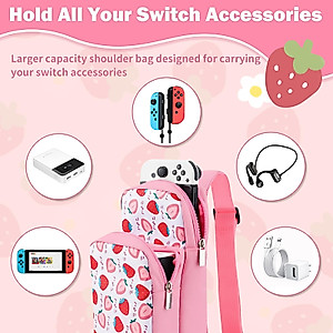 THRCIFLO Cute Pink Strawberry Travel Carrying Bag for Nintendo Switch/OLED/Lite Shoulder Bag Storage Backpack for Switch Accessories, Portable Crossbody Sling Case for Girls