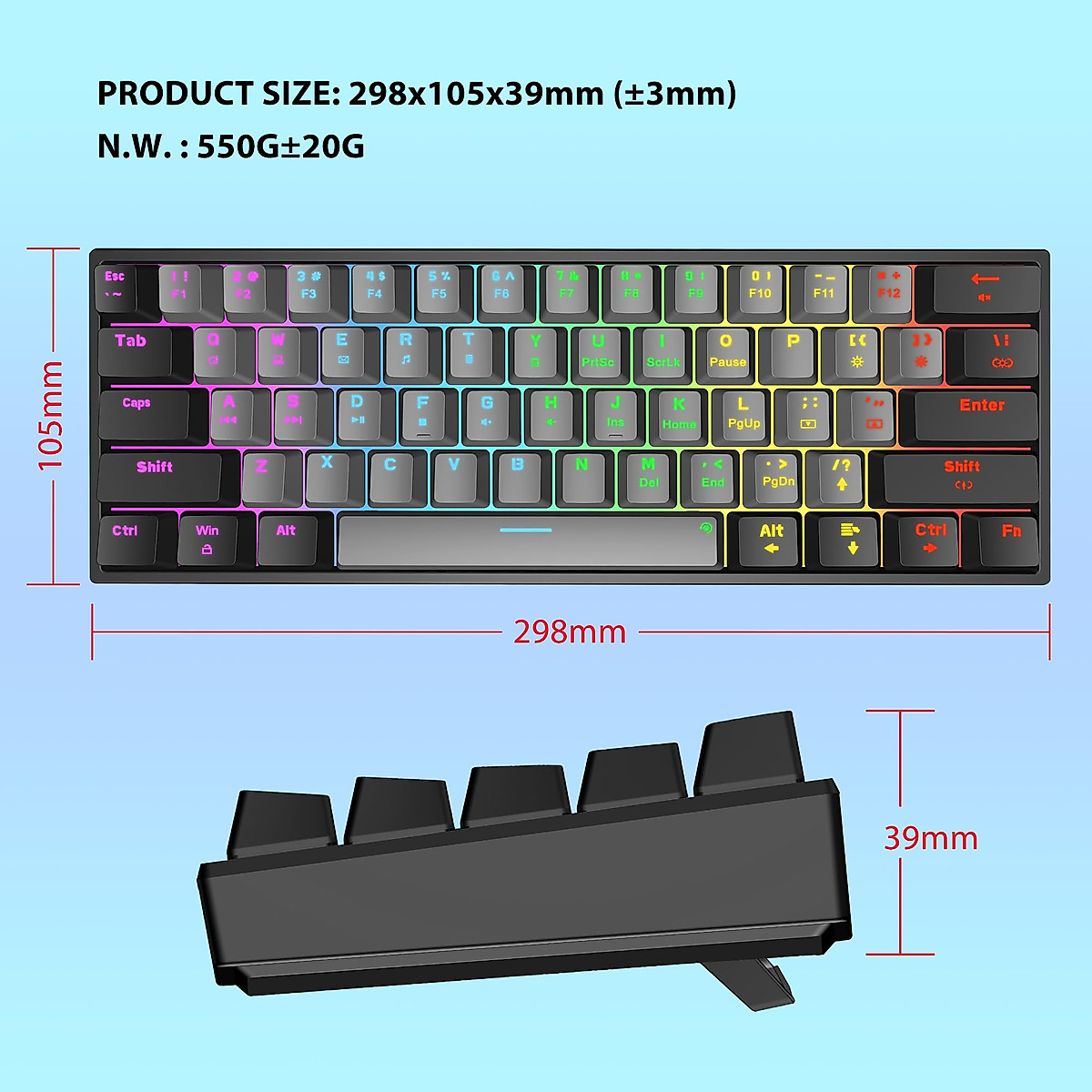 Snpurdiri 60 Percent Machanical Keyboard Red Switches, 60% Mini Gaming Keyboard Rainbow Backlit, Full Anti-Ghosting Compact Gaming Keyboard for PC Gamer Office Business (Black-Grey, Red Switches)