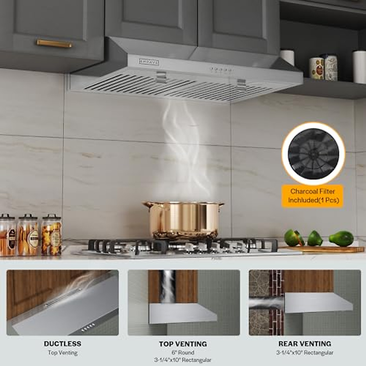 Empava Ductless Under Cabinet Range Hood 36 Inch, Convertible Ducted (Rear/Top Vent), 300 CFM, Push Button Plug in, Stainless Steel