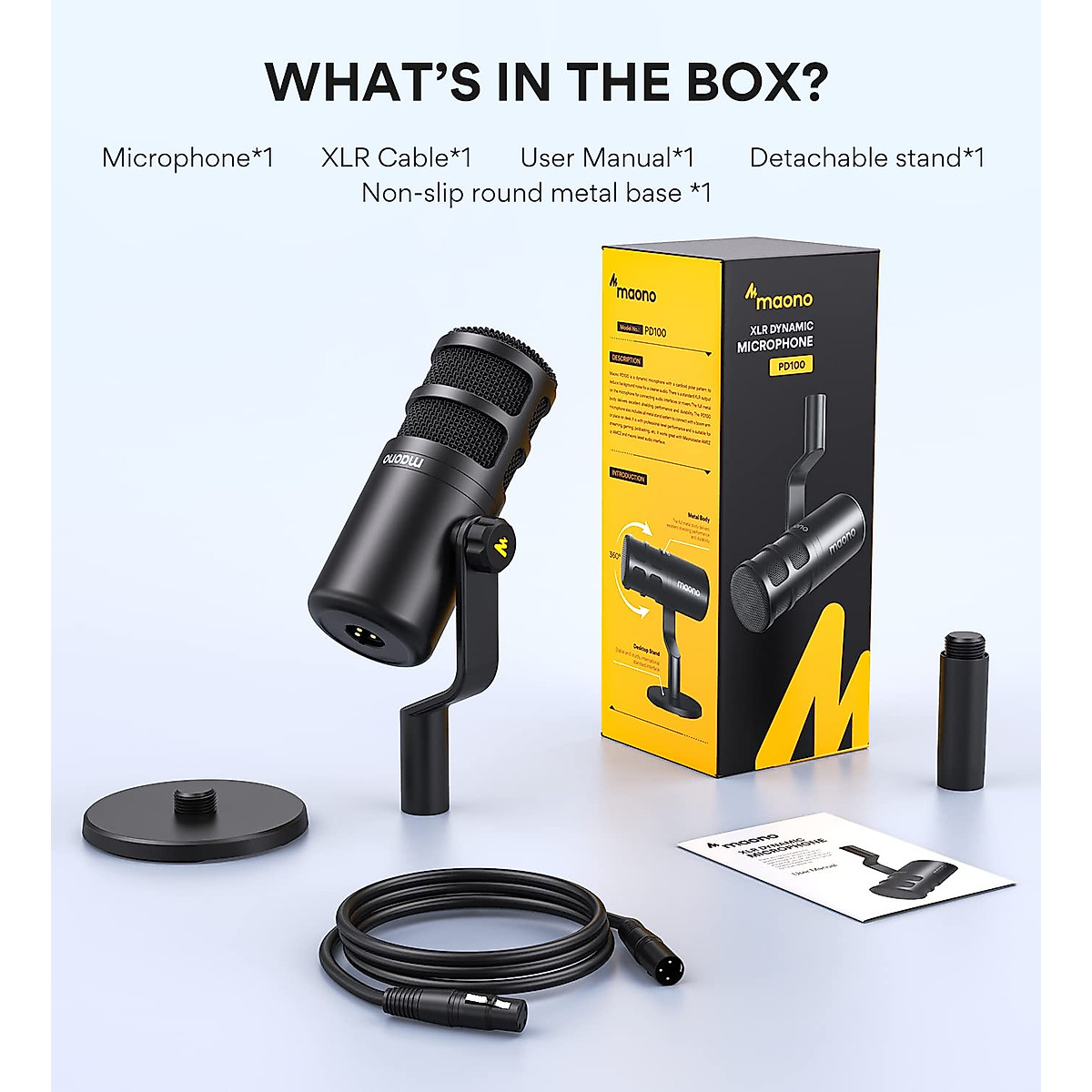 MAONO XLR Podcast Microphone, Cardioid Studio Dynamic Mic for Vocal Recording, Streaming, Voice-Over, Voice Isolation Technology, Metal Mic, Works for Audio Interface, Mixer, Sound Card-PD100