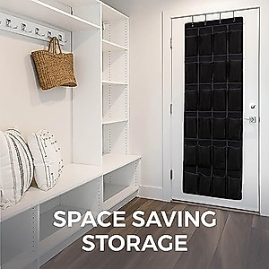 HOME GENIE 24 Pocket Strong Space Saving Over Door Shoe Organizer, Holds Up to 40 Pounds, Stay In Place Hooks Large Breathable Mesh Pocket Hanging Behind Closet Caddy Holder, Cabinet Rack, Black