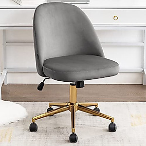 Duhome Cute Armless Home Office Chair，Swivel Desk Chair Velvet Upholstered Chair Rolling Computer Chair with Backrest Golden Base，Adjustable Vanity Chair with Wheels for Teens Adults，Grey