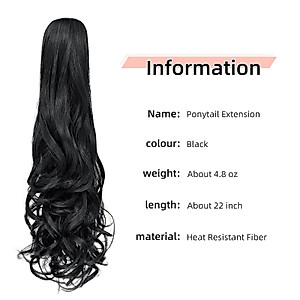 HEWEICSY Ponytail Extension,Hair Extension Ponytail 22" Long Claw Hair Extension Synthetic Curly Wavy Hairpieces Ponytail Clip in Ponytail Wig Daily Fluffy Pony Tail for Women,Black