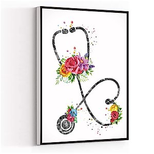 Stethoscope Floral Watercolor Print Medical Tools Wall Art Nurse Gift Medical Art Flovers Clinic Decor Gift Doctor Office Nurse Gift Canvas Wall Decor 8X12 Inch Framed Modern Canvas Wall Art