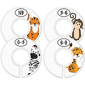 Baby Closet Size Dividers - 7X Safari Nursery Closet Dividers for Baby Clothes - Elephant Giraffe Zebra Lion Monkey Cheetah Nursery Decor - Baby Closet Dividers for Boy or Girl - [Safari] [White]