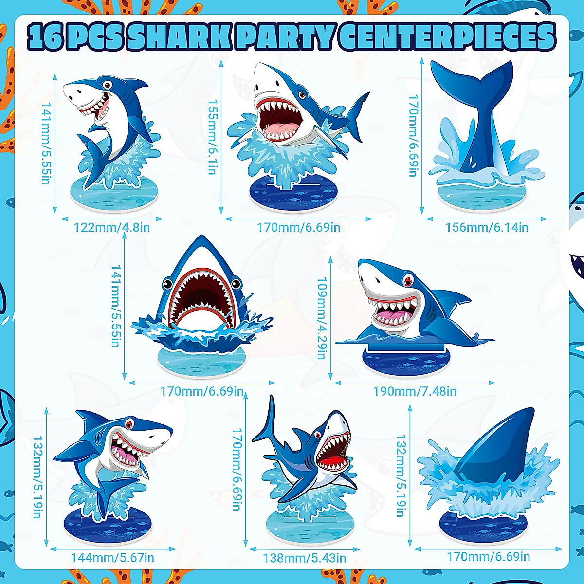 Namalu 16 Pcs Shark Centerpiece Party Decorations Shark Birthday Table Decorations for Ocean Animal Theme Under The Sea Baby Shower Birthday Party Supplies(Shark Theme)