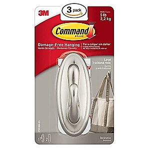 Command Traditional Large Plastic Hooks, Brushed Nickel, 3-Hook