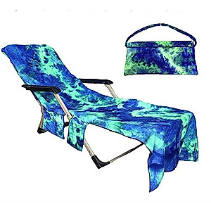 Beach Chair Cover with Side Pockets,Microfiber Chaise Lounge Chair Towel Cover for Sun Lounger Pool Sunbathing Garden Beach Hotel,Easy to Carry Around,No Sliding,Tie-Dye Green(82.5" x 29.5")
