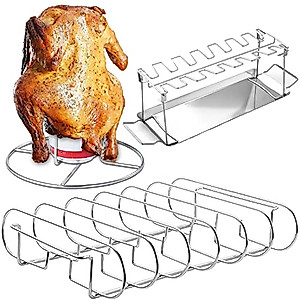 Chicken Leg and Wing Rack for Grill, 2 Pcs Beer Can Chicken Holder for Oven, and Large Rib Rack for Smoking Bundle - Premium Quality Stainless Steel - Easy to Use and Clean