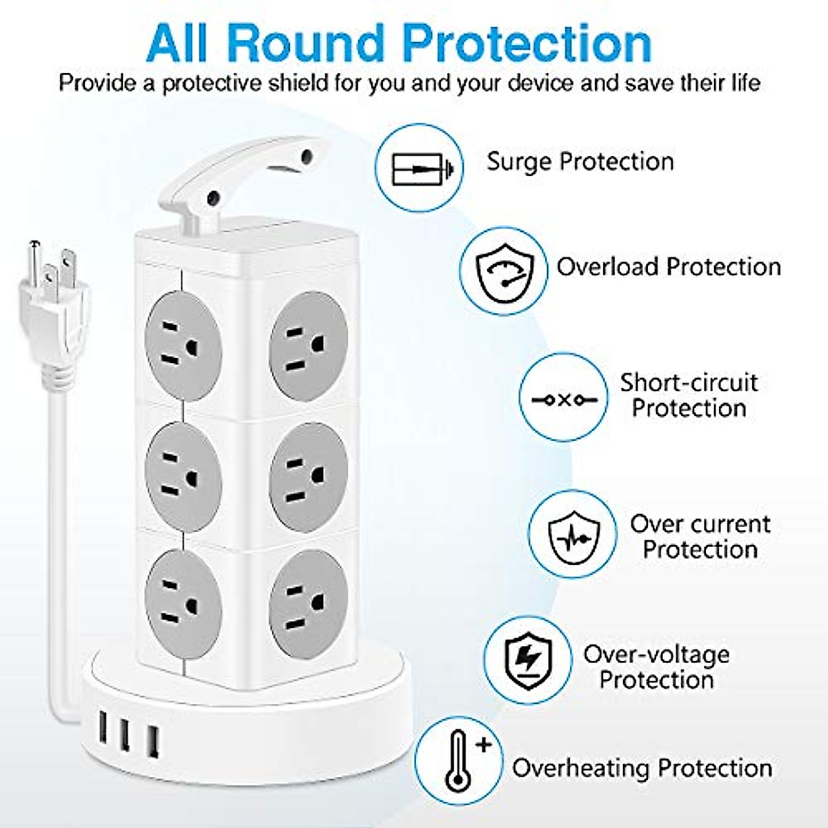 Power Strip Tower, FTEDK Surge Protector Power Tower with 12 AC and 3 USB Long Extension Cord 3.4A USB IQ Charging Station with Overload Protection for Home Office Dorm