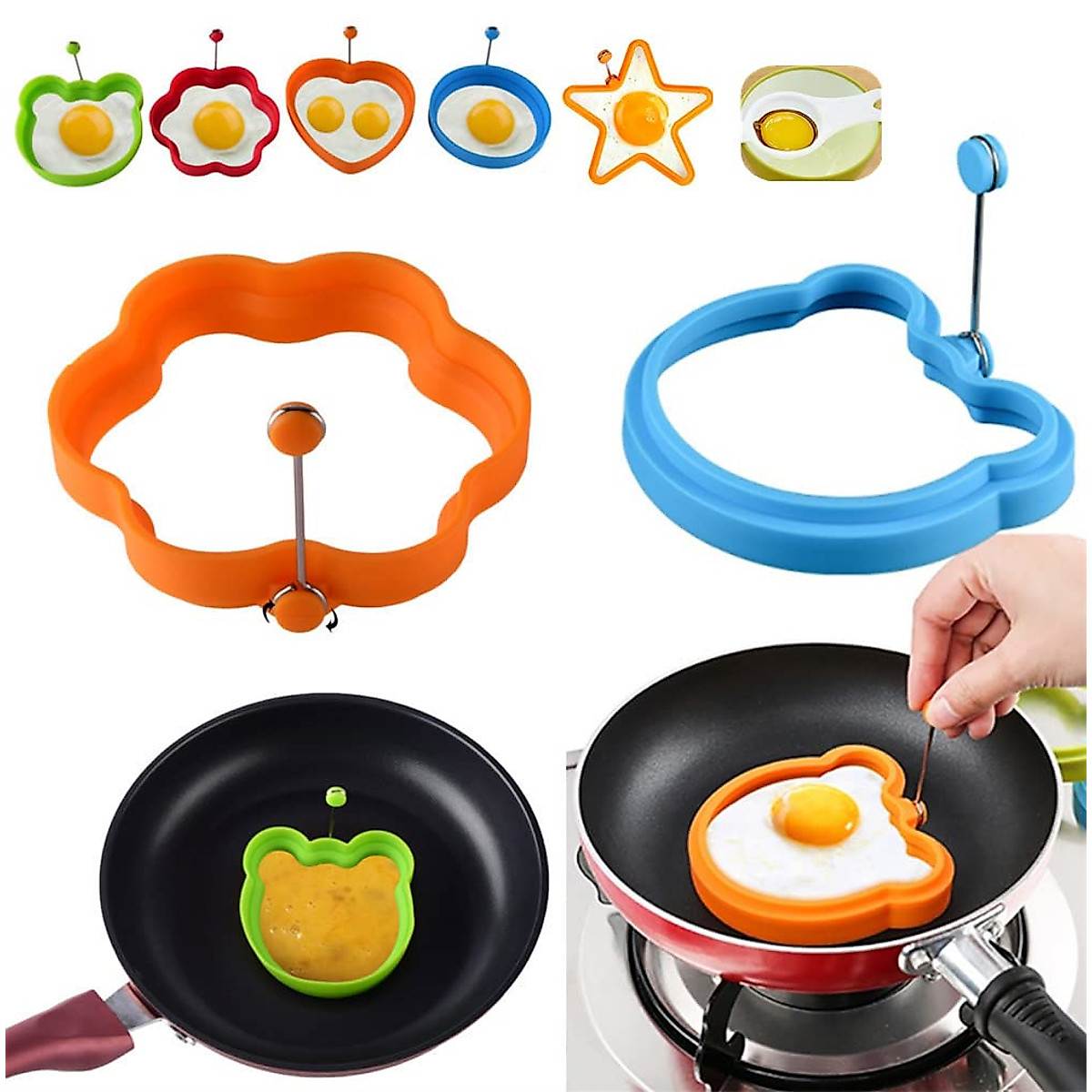 5 Egg Rings Set, Pancake Molds Food-Grade Silicone for Breakfast Fried Eggs, Homemade Omelets, Frittatas & Crumpets – Flippy Cooking Forms Muffin Shapes - Heart, Flower, Bear, Butterfly, Circle