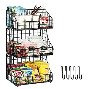 Stackable Tea Bag Organizer with Removable Divider and Hooks Wall Mount 3 Tier Metal Wire Storage Basket Countertop Coffee Condiment Snack Holder Rack for Home Office Kitchen Cabinet Pantry Black