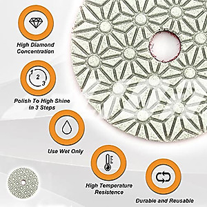 Z-LION 4" Inch Wet 3 Step Diamond Polishing Pad Abrasive Disc for Granit Marble Concrete Flexible Grinding