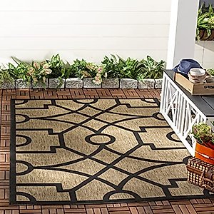 Martha Stewart by SAFAVIEH Collection 2'7" x 5' Dark Beige/Black MSR4121H Fretwork Indoor/ Outdoor Waterproof Easy-Cleaning Patio Backyard Mudroom Area-Rug