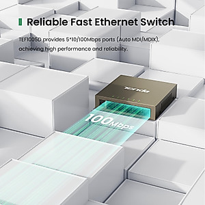 Tenda TEF1005D, 5-Port 10/100Mbps Fast Ethernet Unmanaged Switch, Network Hub, Ethernet Splitter, Plug & Play, Fanless Metal Design, Desktop or Wall Mount, Limited Lifetime Protection