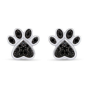 0.25 carat Black Natural Diamond Accent Paw Print Stud Earrings in 14k White Gold Over Sterling Silver