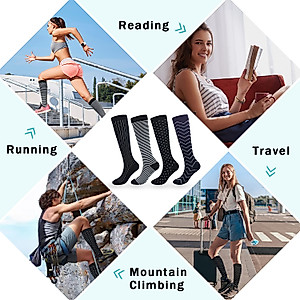 Compression Socks for Women & Men 20-30mmgh Knee High Socks for Running Nurse Travel 4-Pairs Striped Polka Dot
