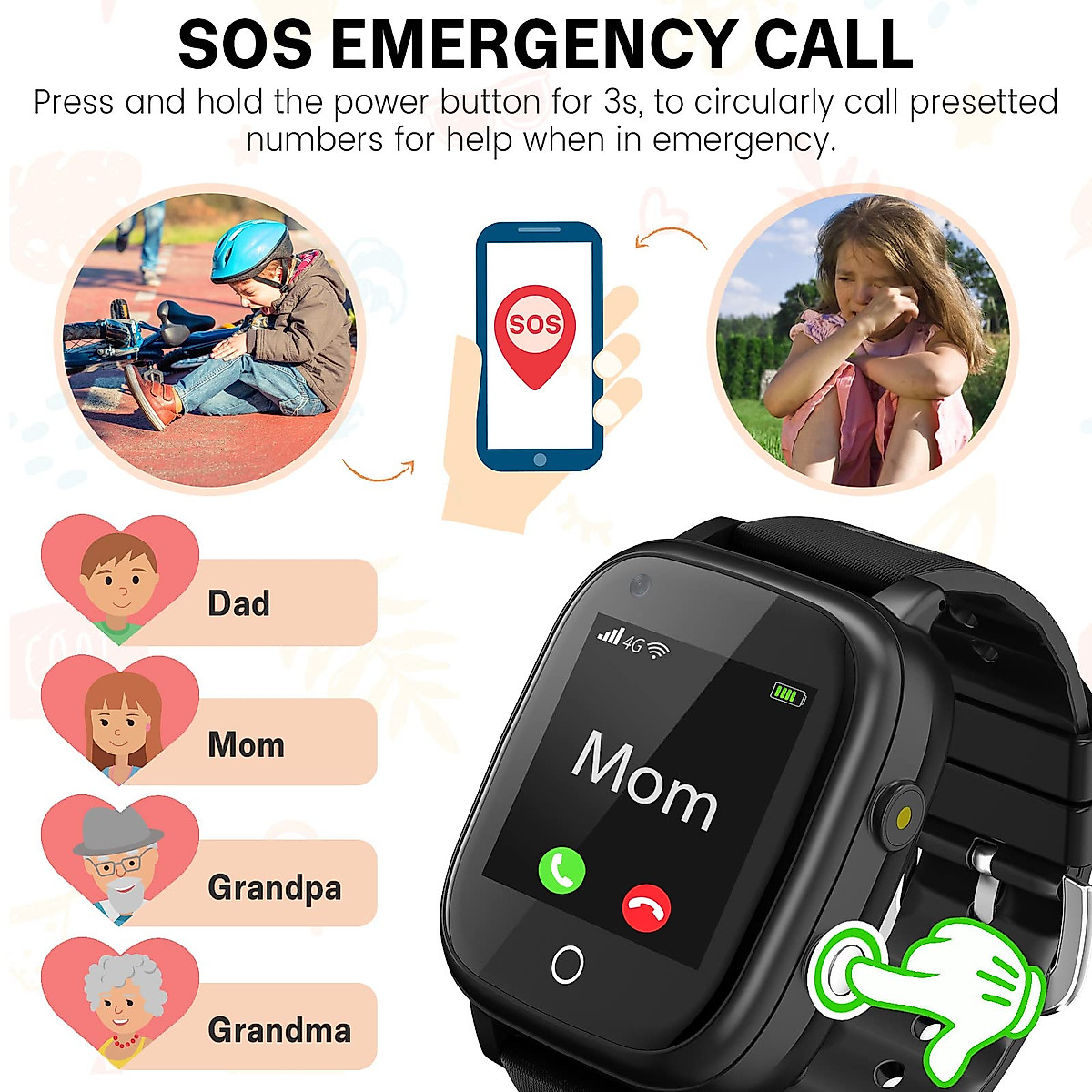 cjc 4G Kids Smartwatch with GPS Tracker,Smart Watch w Camera for Kids,2 Way Voice & Video Call SOS Alert Smartphone Cell Phone Smart Watch,4-15 Years Boys Girls Children Birthday, Black