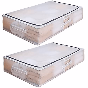 Under Bed Storage Containers, Clear Under Bed Storage Bags Sturdy Foldable Clothes Organizers Storage Bins for Clothing Blankets Bedding Comforter Bedroom Closet Dorm, with Reinforced Handles, 2-Pack