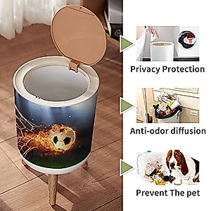 IBPNKFAZ89 Small Trash Can with Lid Fiery Soccer Ball in Goal with Net in Flames Garbage Bin Wood Waste Bin Press Cover Round Wastebasket for Bathroom Bedroom Office Kitchen