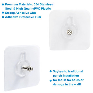 Hitefu 20pcs Self-Adhesive Hooks, Heavy Duty Wall Hooks for Hanging, Screw Free Sticker, Waterproof Picture Hanging Hooks Seamless Screws for Wall Mount, Reusable for Kitchen, Bathroom, Home, Office