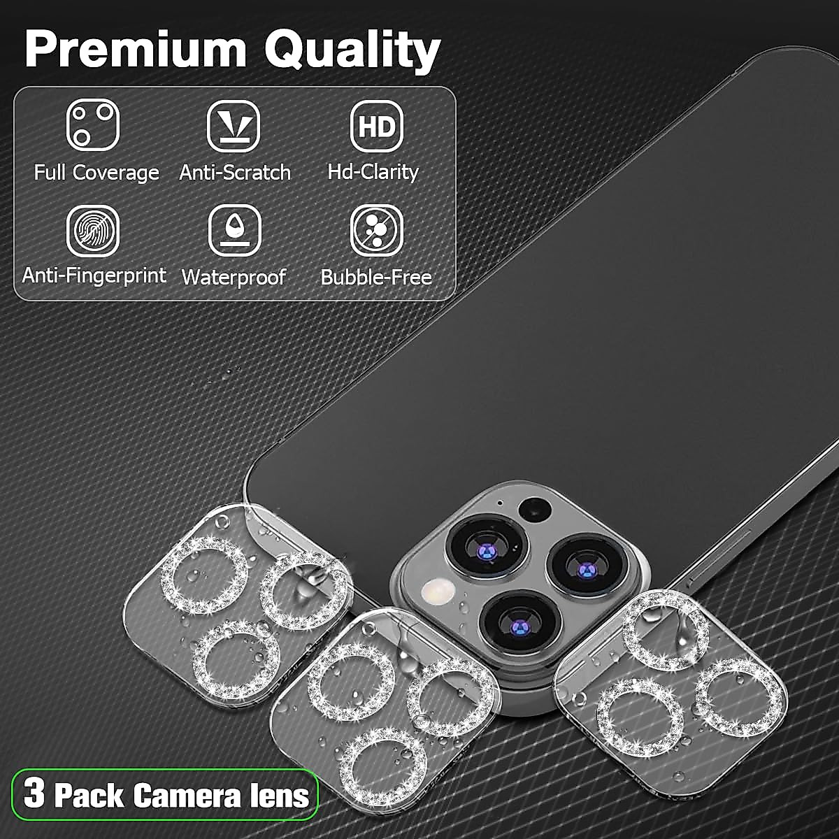 OUYTEU 3*Pack（Silver Diamond） Camera Lens Protector Glass for iPhone 15 Pro and iPhone 15 Pro Max, Ultra HD, Anti-Scratch,Case Friendly,Easy Install,Compatible iPhone 14 Pro and iPhone 14 Pro Max