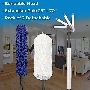 Multi Angle Duster, Bendable Head, Extension Pole 25” – 70”, Brush Cleans High Ceilings, Lights, Windows, Ceiling Fans, Pack of 2 Detachable, Microfiber Heads for Cleaning