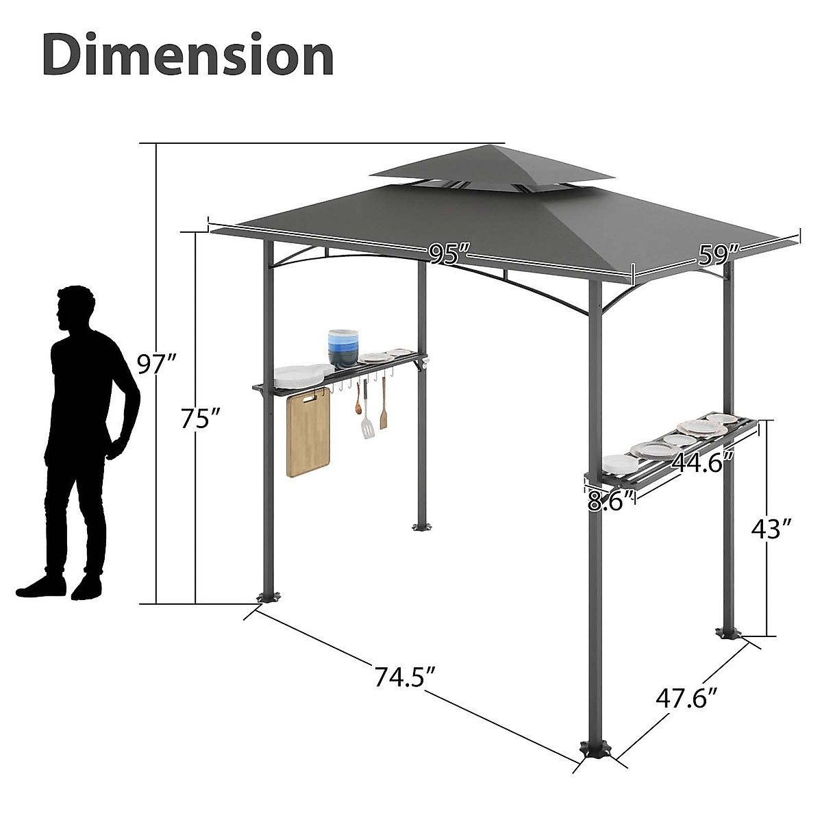 8X 5 FT Grill Gazebo Canopy Top, Gazebo Roof Double Tiered, Water-Repellent, Outdoor BBQ Roof Cover Grill Shelter with 2 Side Shelves, 5 Hooks, Bottle Opener, Barbecue Grill Gazebo Shelter (Gray)