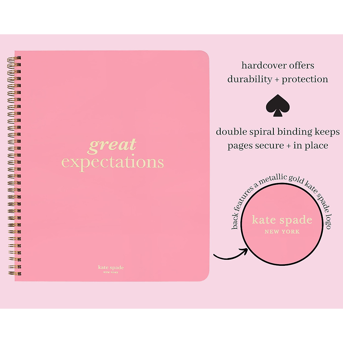 Kate Spade New York Large College Ruled Notebook, 11" x 9.5" Pink Spiral Notebook with 160 Pages, Great Expectations