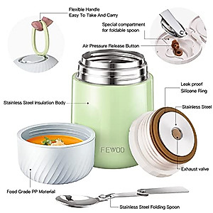 FEWOO Food Thermos - 20oz Vacuum Insulated Soup Container, Stainless Steel Lunch box for Kids Adult, Leak Proof Food Jar with Folding Spoon for Hot or Cold Food (Green)