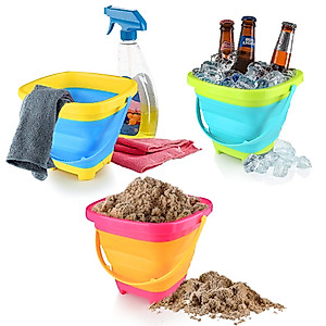 Shindel 3 Pieces Foldable Beach Bucket Set, 2L Silicone Collapsible Toy Buckets for Kids, Multi Purpose for Fun Summer Activities, Camping Gear, Beach Essentials, Travel Sand Toys