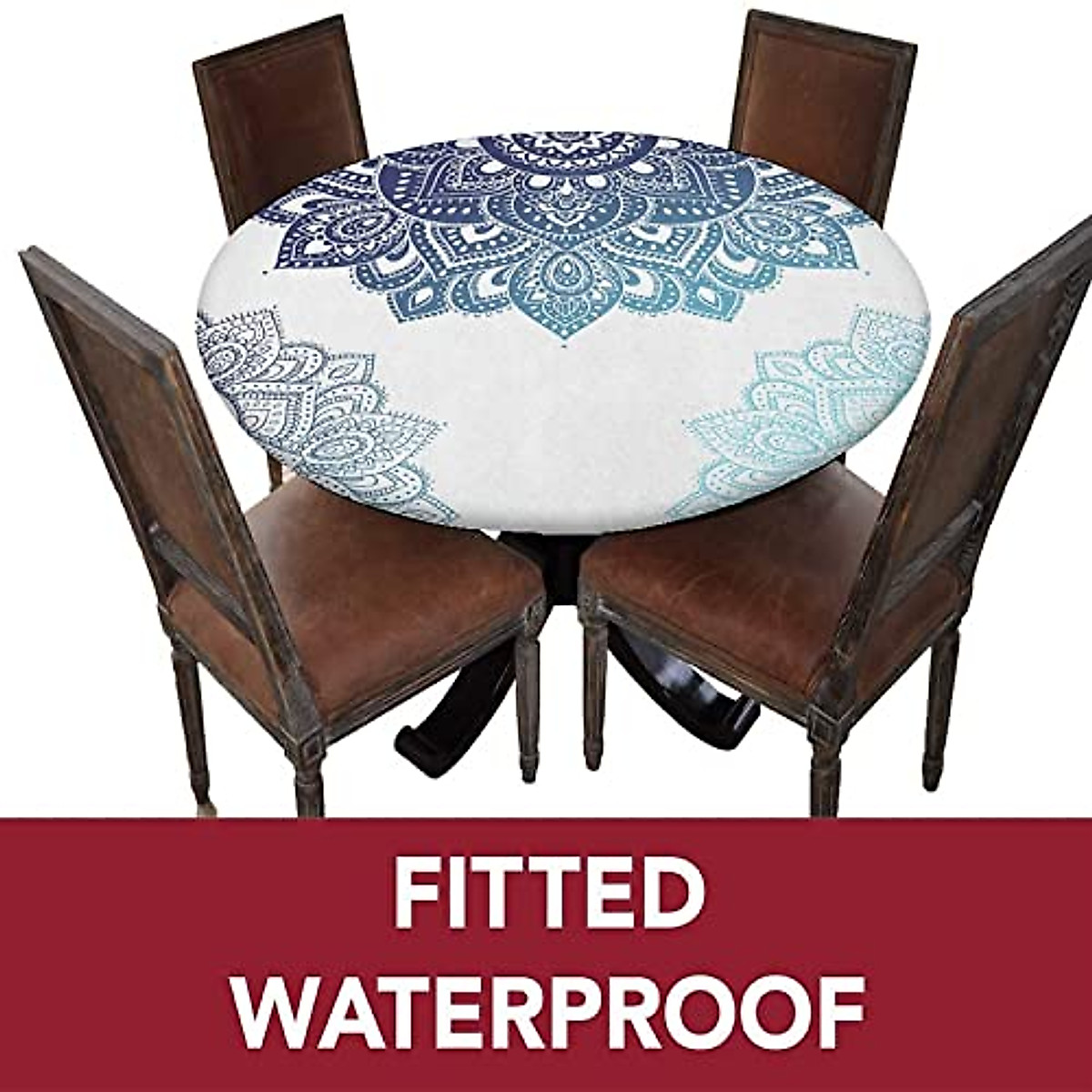 Henna Round Fitted Tablecloth with Elastic Edge,South Mandala Design Vibrant Color Print Polyester Table Cover, XXLarge, Fit Round Tables up 65"-71" Diameter, for Picnic Party