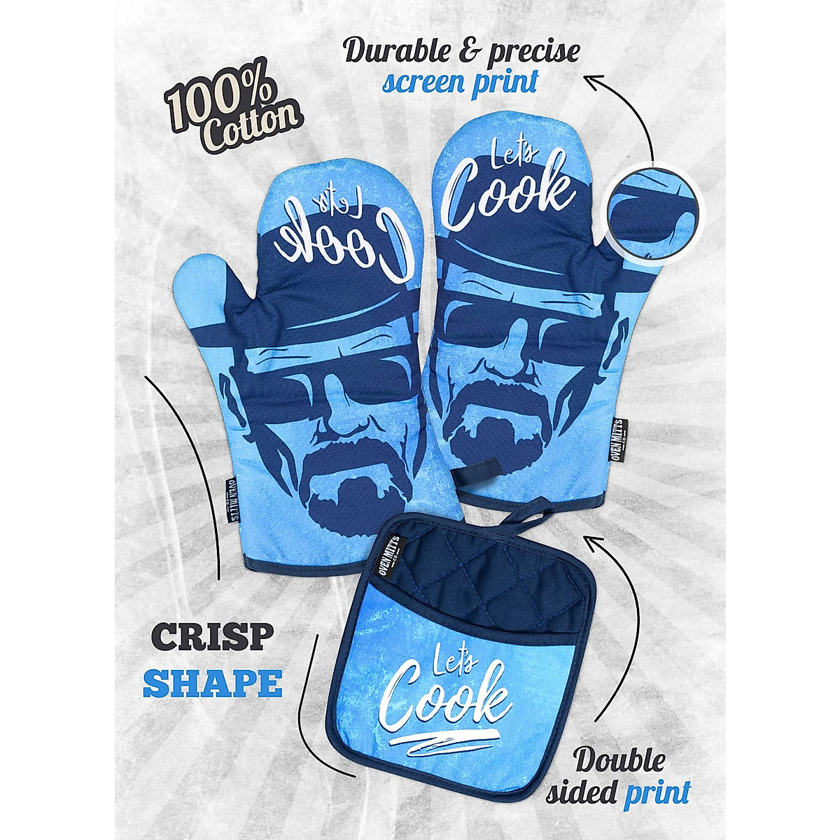 Oven Mitts Co. Let's Cook - Funny Oven Mitts and Pot Holder 3pcs Set, Insulated, 100% Cotton