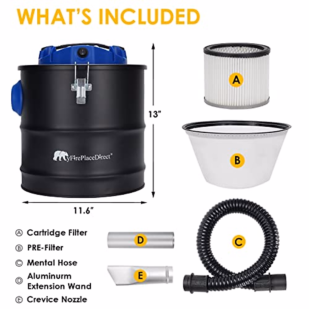 MYFIREPLACEDIRECT 1200W Ash Vacuum 5 Gallon Ash Vacuum Cleaner Collector Bucket with Blow Function for Pellet Stoves, Wood Stoves, Fireplaces, BBQ Grills, Fire Pits