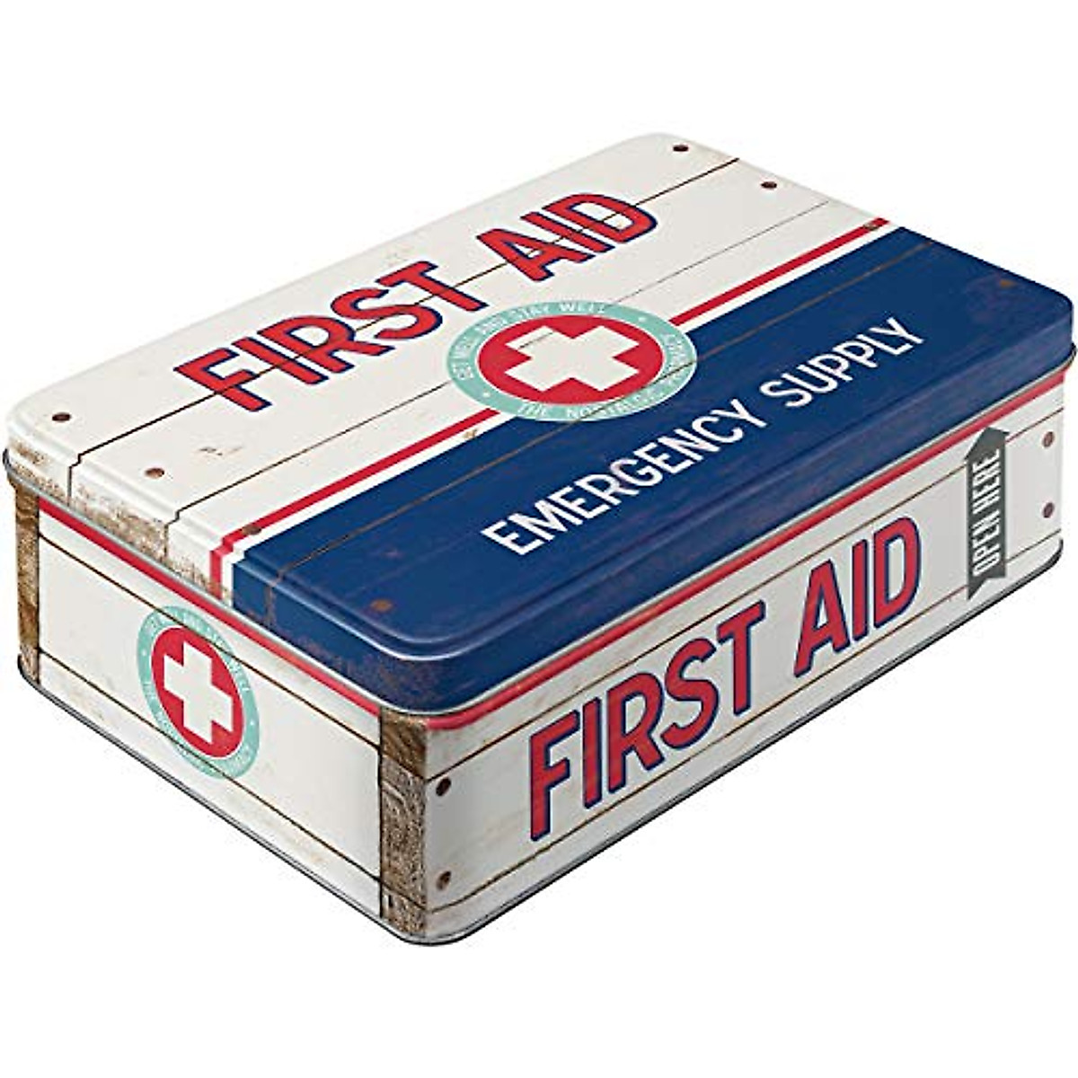 Nostalgic-Art First Aid Blue-Emergency Supply Tin Box Flat, 13 x 16 x 7 cm / 9 x 6,3 x 2,8 Inch, Multicoloured
