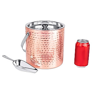 BirdRock Home Ice Bucket with Scoop & Lid - 2.8 Liter Hammered 18/8 Stainless Steel Container for Bar - Double Wall Insulated Bucket with Carrying Handle - Great for Parties - (Copper)