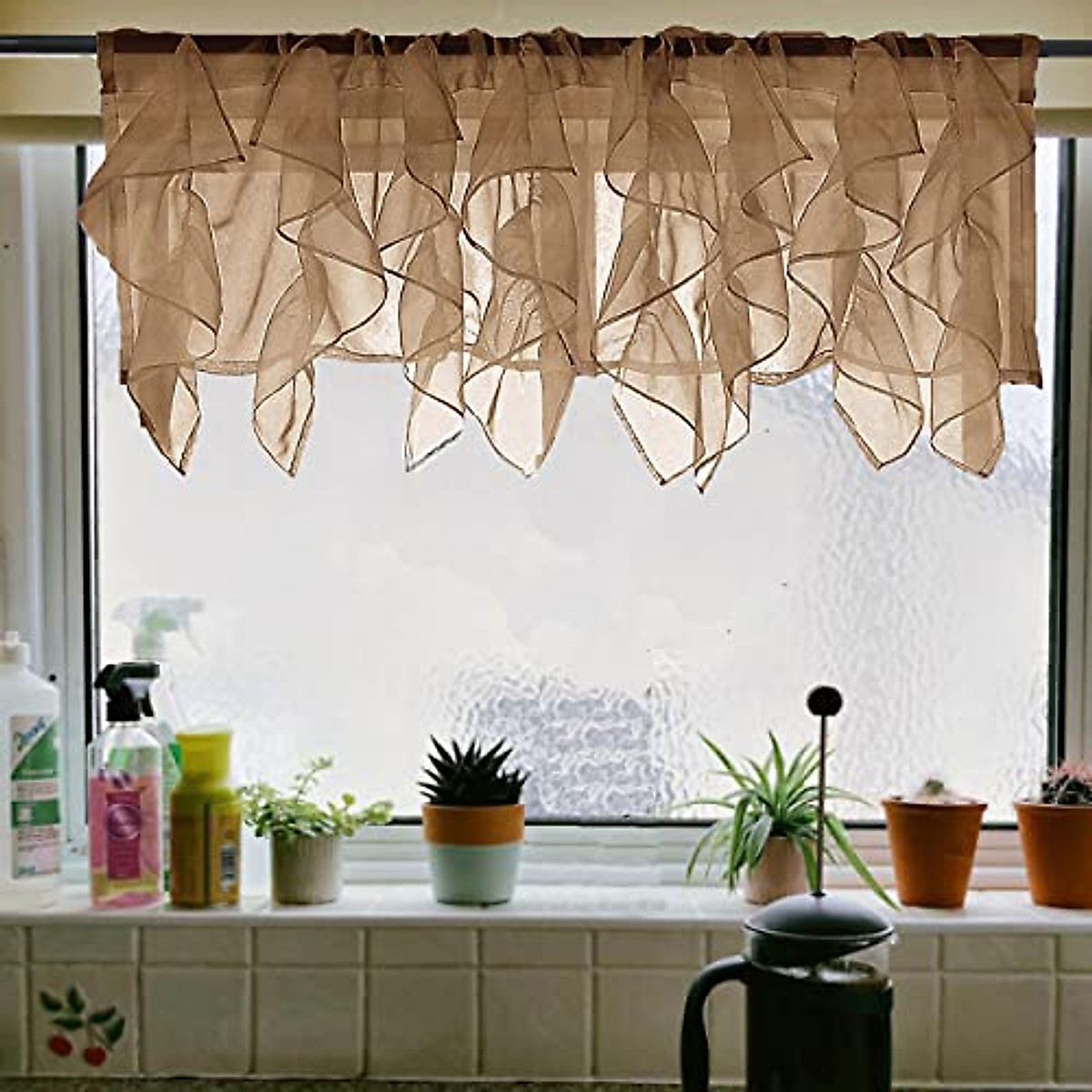PearAge Ruffled Voile Semi Sheer Curtain Valance, Kitchen Living Room Shabby Chic Ruffle Valance Curtains, Girls Daughters Bedroom Cascade Window Valance Rust Brown 50x16 Inches