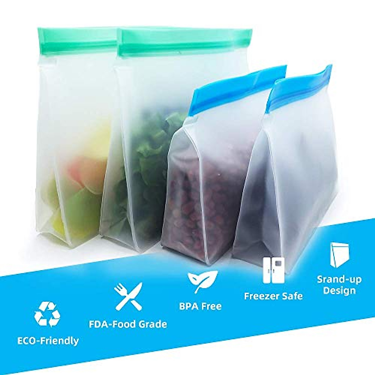 Reusable Food Storage Bags 8 Pack - Stand Up BPA FREE Leakproof Freezer Bags( 4 pack 1/2 Gallon Bags + 4 pack Sandwich Bags) Plastic Free Lunch Bag | Eco-friendly