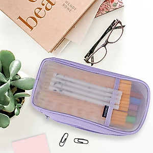 Fmeida Grid Mesh Pencil Case - Upgraded 4 Compartment Pencil Pouch, Clear Adult Pencil Bag Aesthetic Marker Pouch Stationary Bag Office Organizer for College Business Travel - Purple