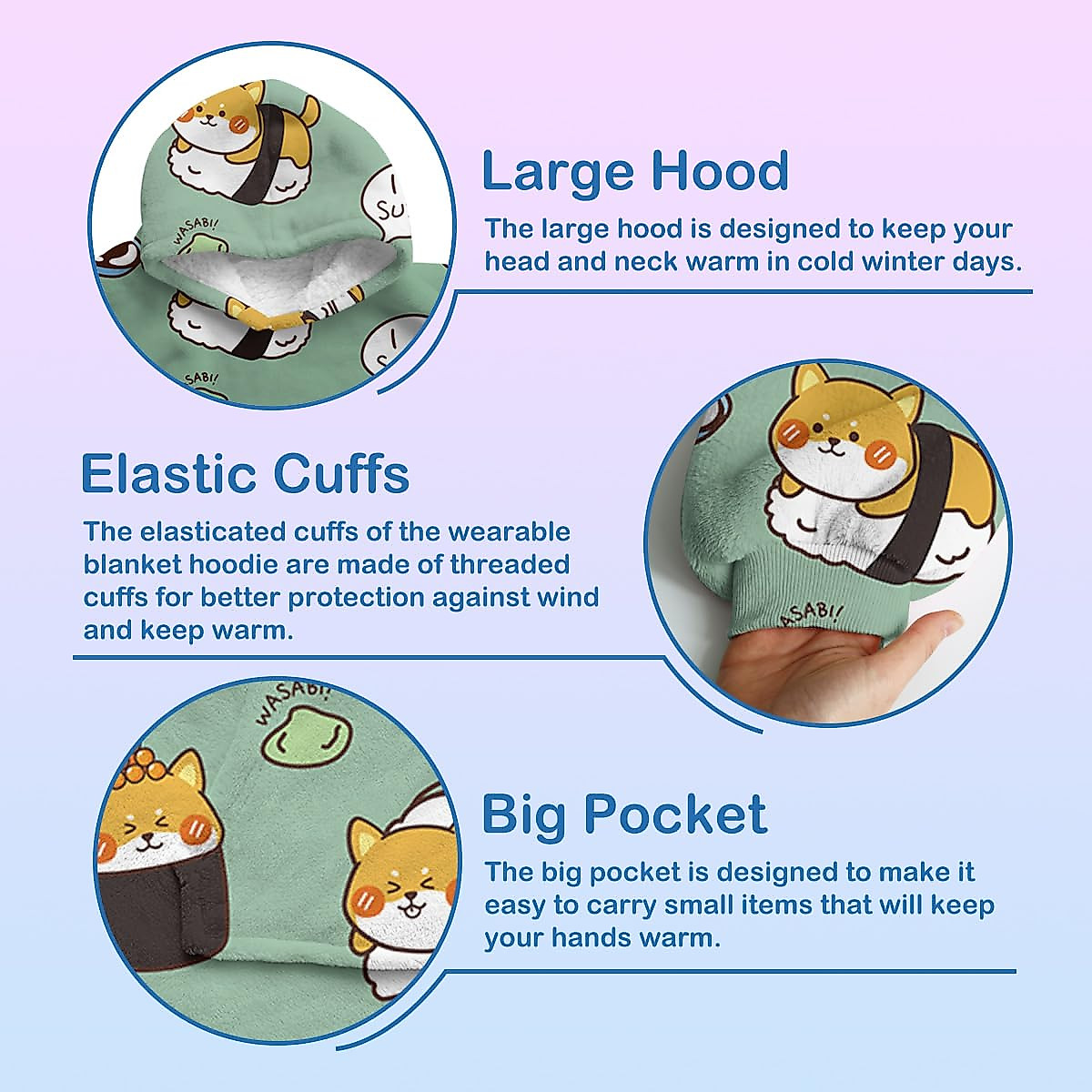 Sleepwish Sushi Shiba Fashion Hoodies & Sweatshirts Cute Kawaii Dog Kids Wearable Blanket Pet Animal Hooded Blanket Sweatshirt for Girls Boys Women (Adults 63" x 39")