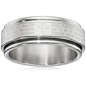 Amazon Essentials Steeltime Men's 18k Gold Plated Our Father Prayer Spinner Band Ring,Silver,8, (previously Amazon Collection)