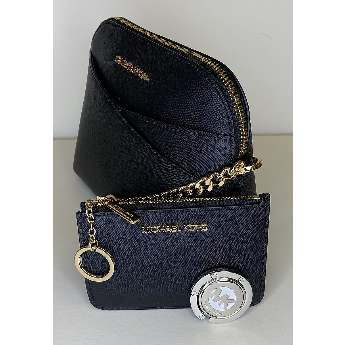 Michael Kors MICHAEL Michael Kors Jet Set Travel MD Dome XCross Crossbody bundled SM TZ Coinpouch Purse Hook (Black)