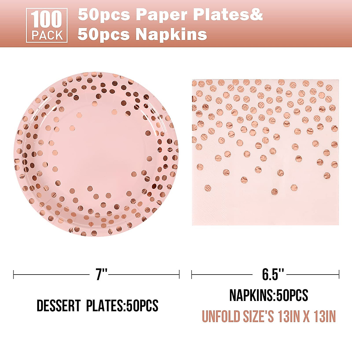 CENLBJ Pink and Rose Gold Paper Plates- 100 Pack- 50 x 7 Dinner Plates & 50 x 6.5 Napkins, Pink Paper Plates and Napkins Party Supplies for Baby Showers, Birthdays and All Occasions
