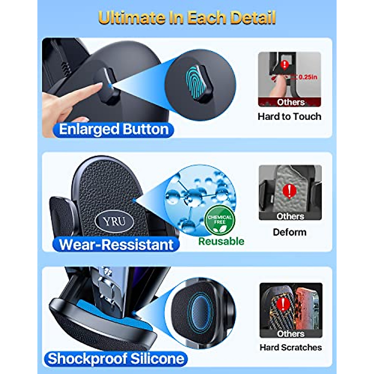 YRU Phone Mount for Car Vent [Upgraded Steel Clip], Sturdy Adjustable Shockproof Car Phone Holder, Handsfree Cell Phone Stand Cradle for iPhone 14 13 Pro Max, Samsung Universal Cellphone, Pickup Truck